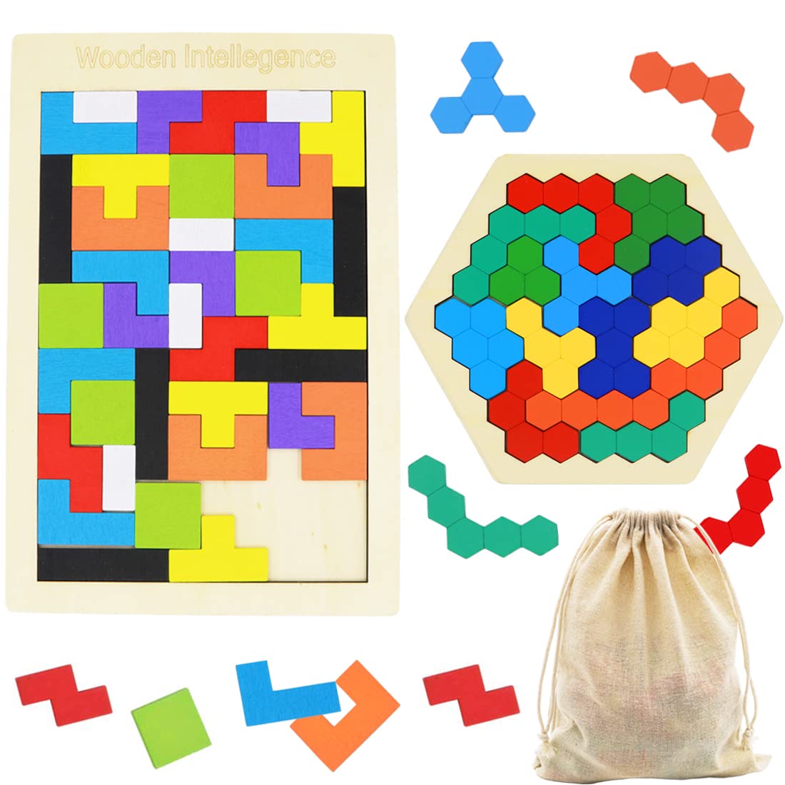 2-Pack Wooden Russian & Hexagon Block Puzzles – STEM Educational Brain ...