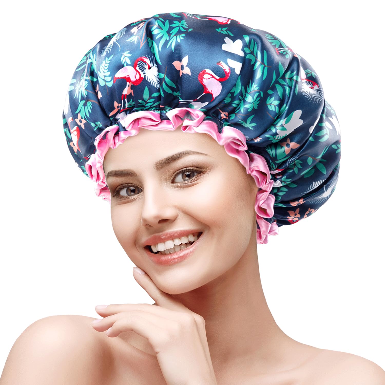 mikimini Medium Shower Cap for Girls and Women, Flamingo Shower Caps ...