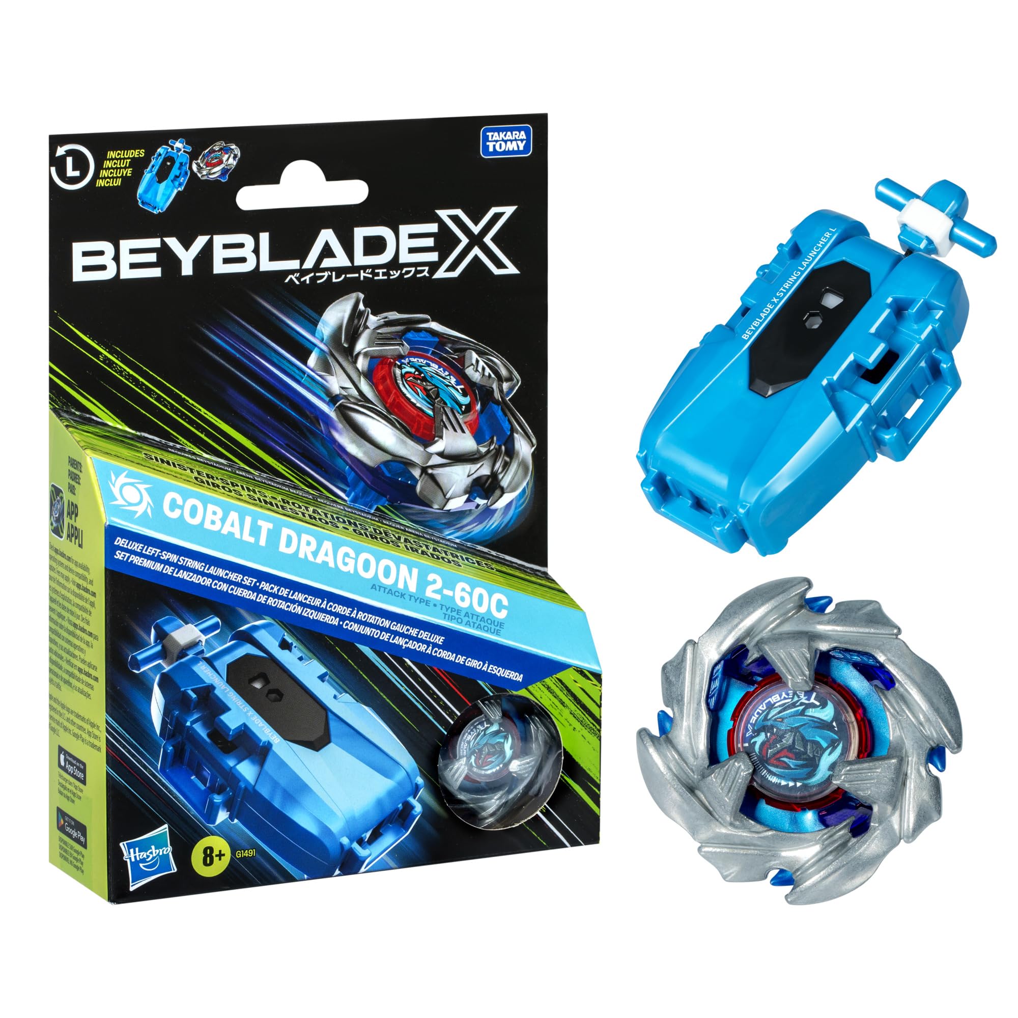 Beyblade X Cobalt Dragoon 2-60C Deluxe Left-Spin String Launcher Set ...